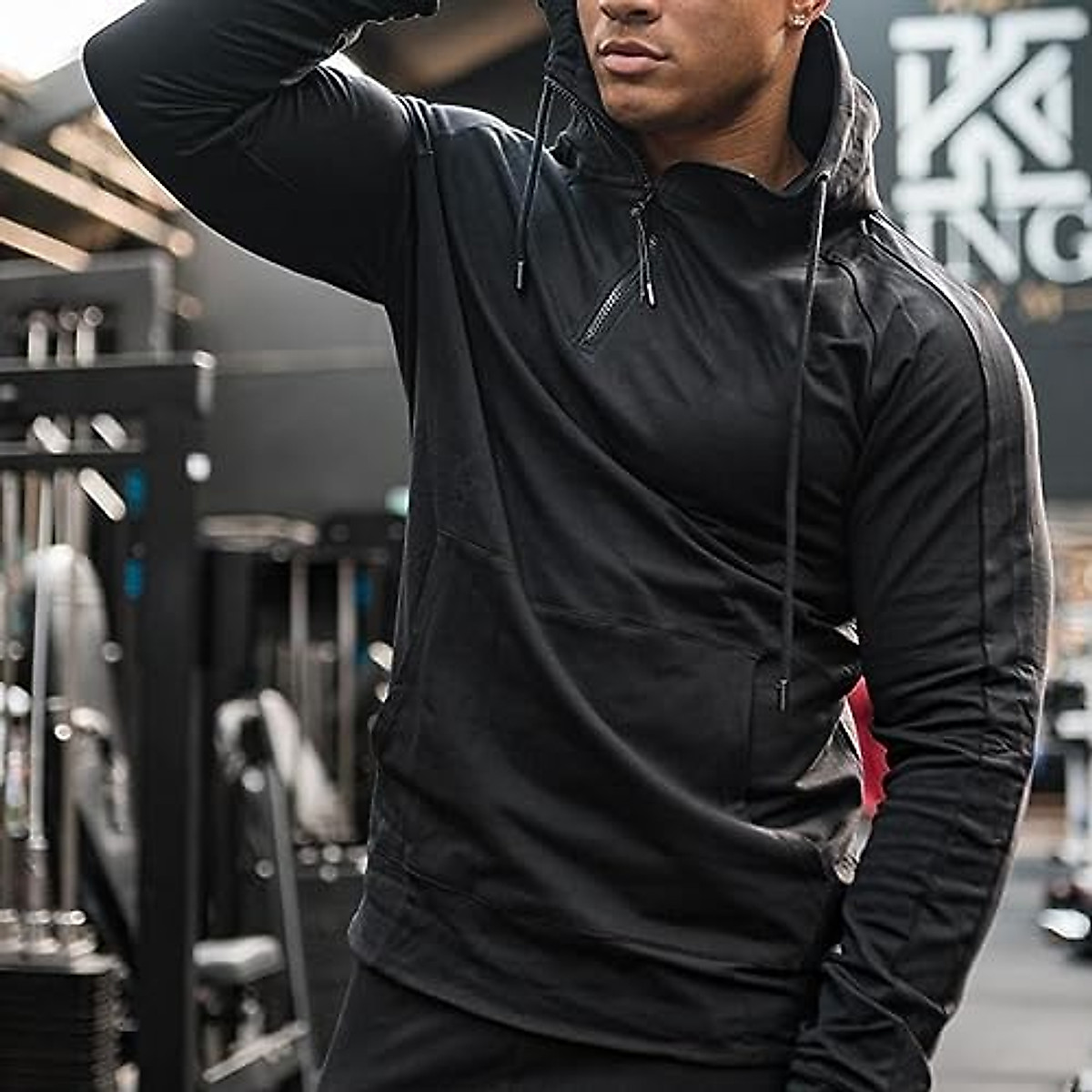 GYMELITE Men's 1/4 Zip Fashion Pullover Hoodie Athletic Workout Fit Cotton Blend Hooded Sweatshirts Casual Long Sleeve with Pockets(BK L Black