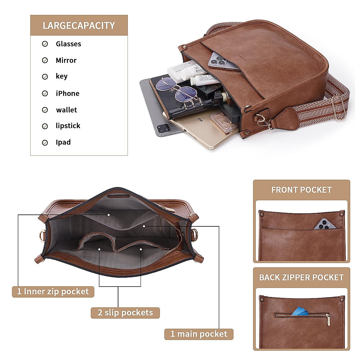 Caitina Crossbody Bag For Women Vegan Leather Hobo Handbag Designer Crossbody Purses Bucket Bag For Women with 2PCS Adjustable Strap(Beige)