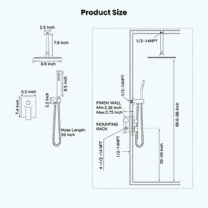 gotonovo Bathroom Matte Black 10 Inch Rainfall Shower Head Ceiling Mount with Handheld Spray Shower Mixer Faucet Luxury High Pressure Shower Combo Set Rough-in Valve and Shower Trim Included