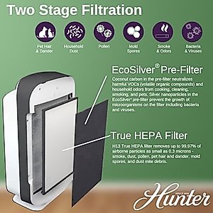 Hunter HP700 Medium Console Air Purifier for Large Rooms Features Pre-Filter, True HEPA Filter, Multiple Fan Speeds, Soft Touch Digital Control Panel, Sleep Mode, Timer, Accent Light