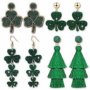 4/6Pairs St. Patrick's Day Earrings for Women, Beaded Shamrock Earrings Lucky Green Leaf Earring for Layered Tassel Earrings Irish Holiday Jewelry Gift (Style A)