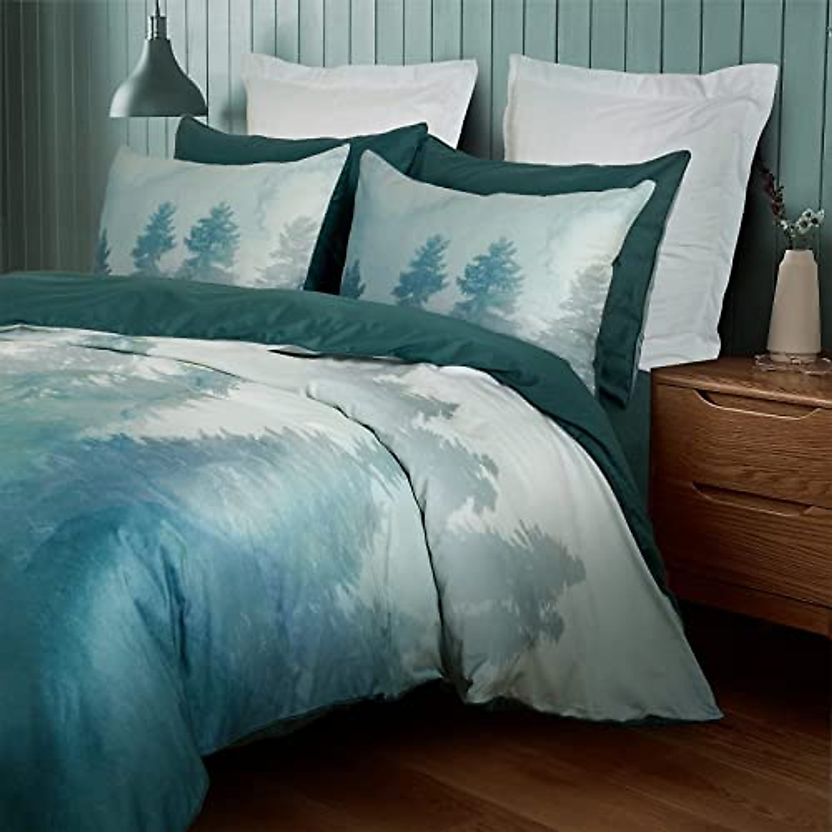 David's Home 100% Cotton Duvet Cover Set Queen Size, Misty Forest Duvet Cover with Pillow Shams, 3pcs Ultra Soft and Breathable Comforter Cover Set, 90x90 Inches, Green