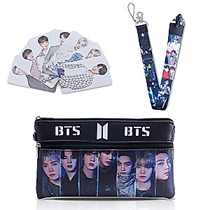 G-Ahora Kpop Bangtan Boys Leather Wallet Bangtan Boys Purse Credit Card Holder with Bangtan Boys Lanyard Kpop Bangtan Boys Postcards for Army Gifts(WC Bangtan Boys)