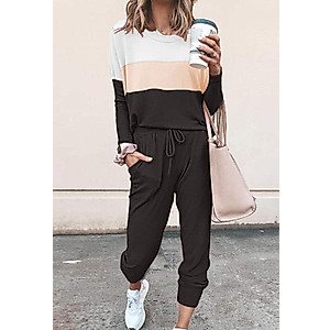 Fixmatti Women 2 Piece Outfit Long Sleeve Colorblock Shirt Pant Set Jogging Sweatsuit Black M