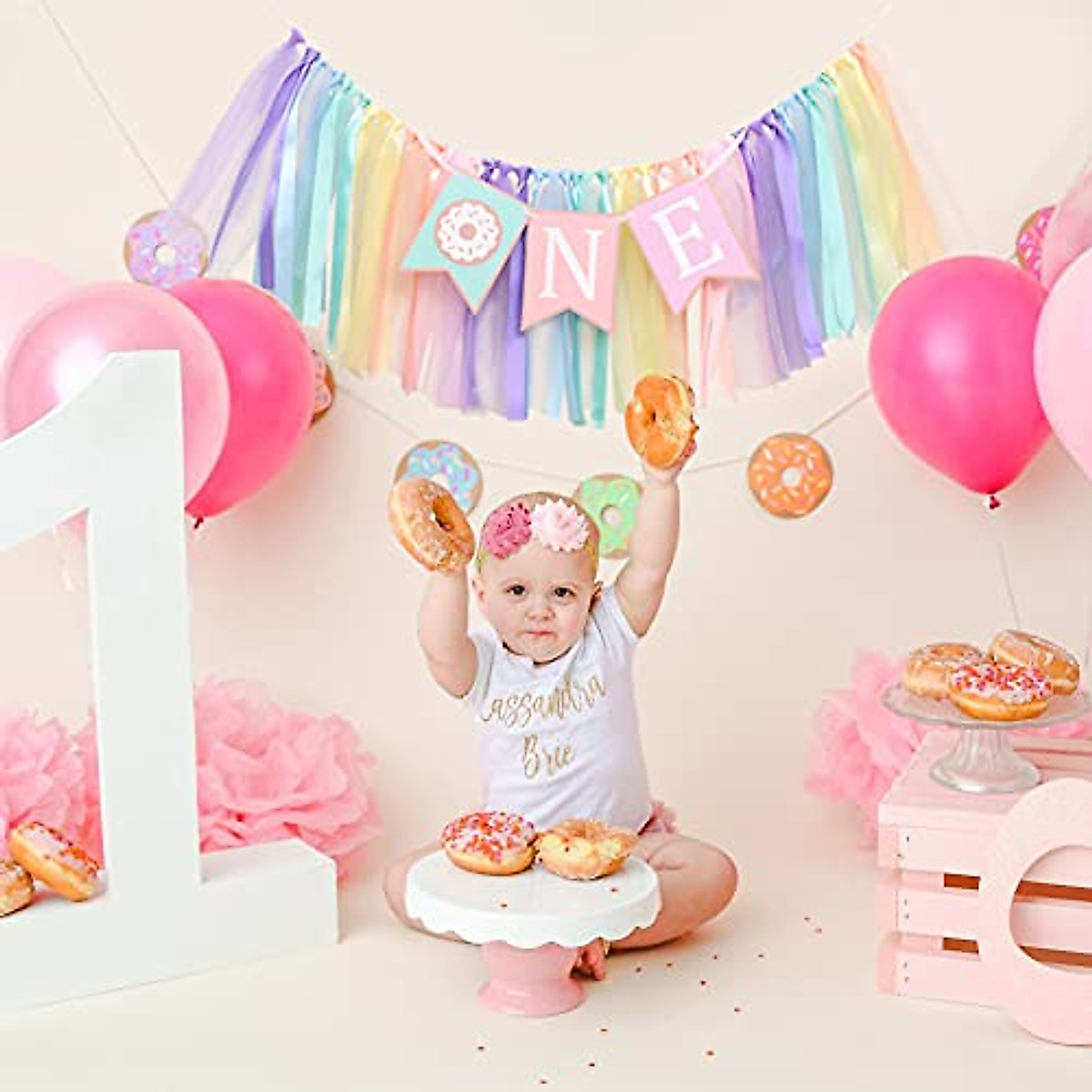 Donut 1 to 2 Years Old Birthday Banner - Donut Theme Birthday High Chair Banner, a Soft Rainbow Ribbon Tutu Group, Sweet Days, Leaving a Wonderful Party Time, Perfect Party Decoration. (Donut 1)