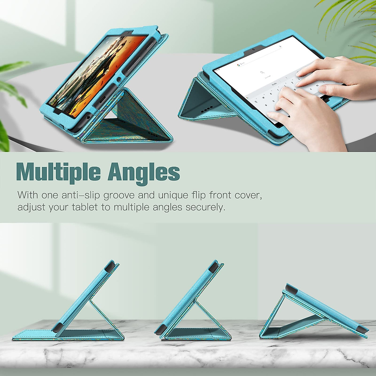 Fintie Folio Case for Amazon Fire HD 8 & Fire HD 8 Plus Tablet (12th/10th Generation, 2022/2020 Release) - [Flex Stand] Premium Vegan Leather Multi-Angle Folio Cover Auto Sleep Wake, Shades of Blue