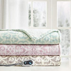 Beautyrest Ultra Soft Sherpa Berber Fleece Electric Poncho Wrap Blanket Heated Throw with Auto Shutoff, 50 in x 64 in, Dusty Blue Lattice