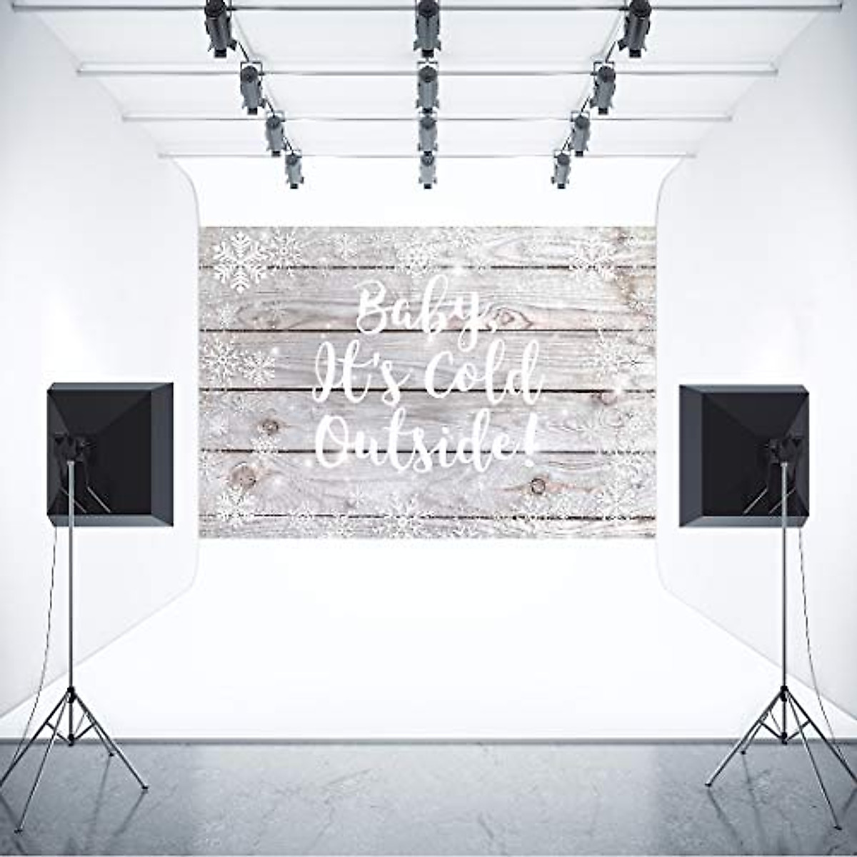 Aperturee 7x5ft Baby It's Cold Outside Winter Backdrop Snowflake Wonderland Birthday Party Festival Rustic Wood Wooden White Snowfall Background Christmas Xmas Baby Shower Home Decor Banner