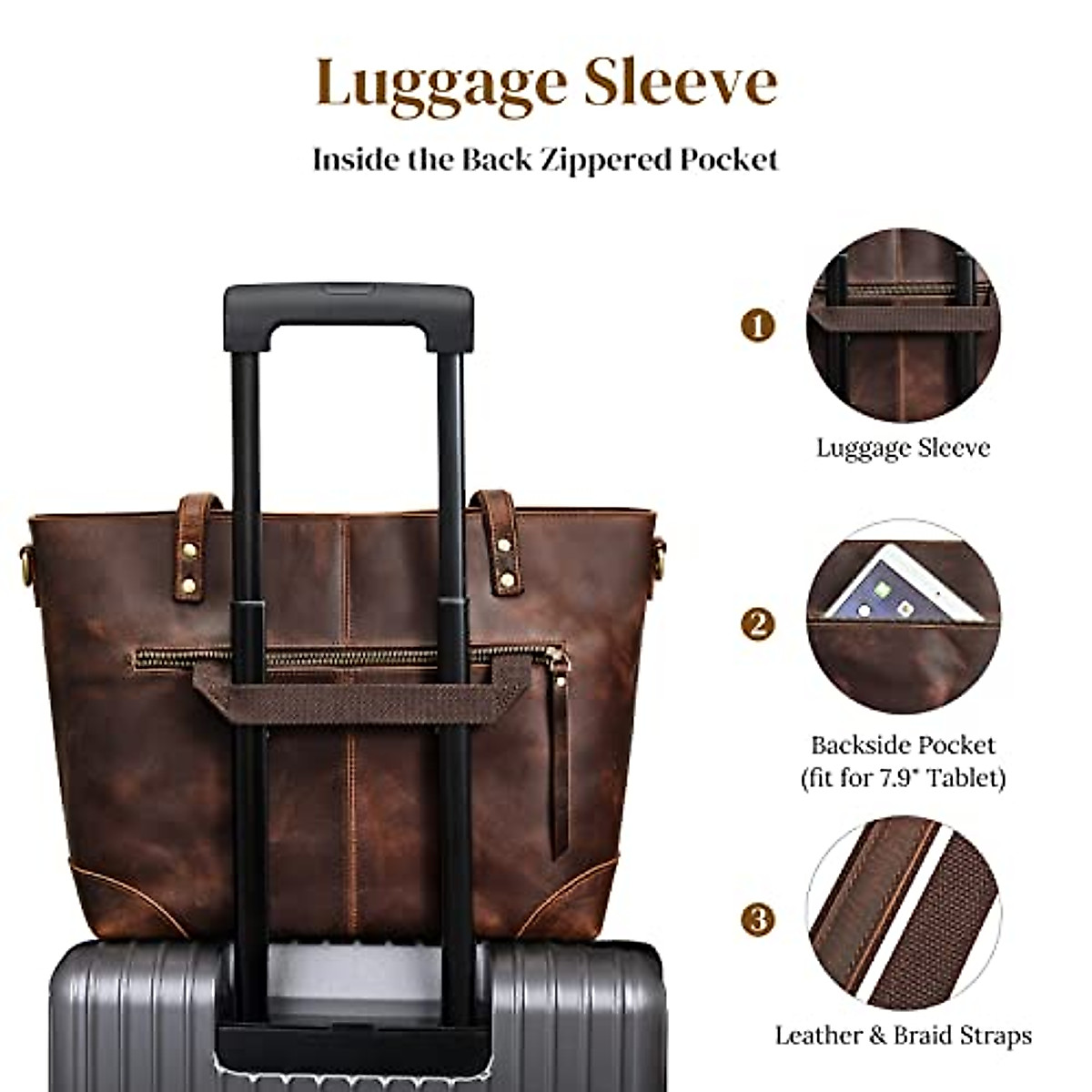 S-ZONE Genuine Leather Tote Bag for Women Work Shoulder Crossbody Purses Handbag with Outside Pockets