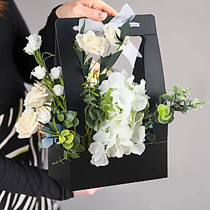 Chinco 12 Pieces Craft Paper Gift Bags Flower Box for Arrangements Flower Bouquet Packaging Bag with Handle Wedding Valentine's Day Gift Wrap Bags Florist Bags, Pink and Black