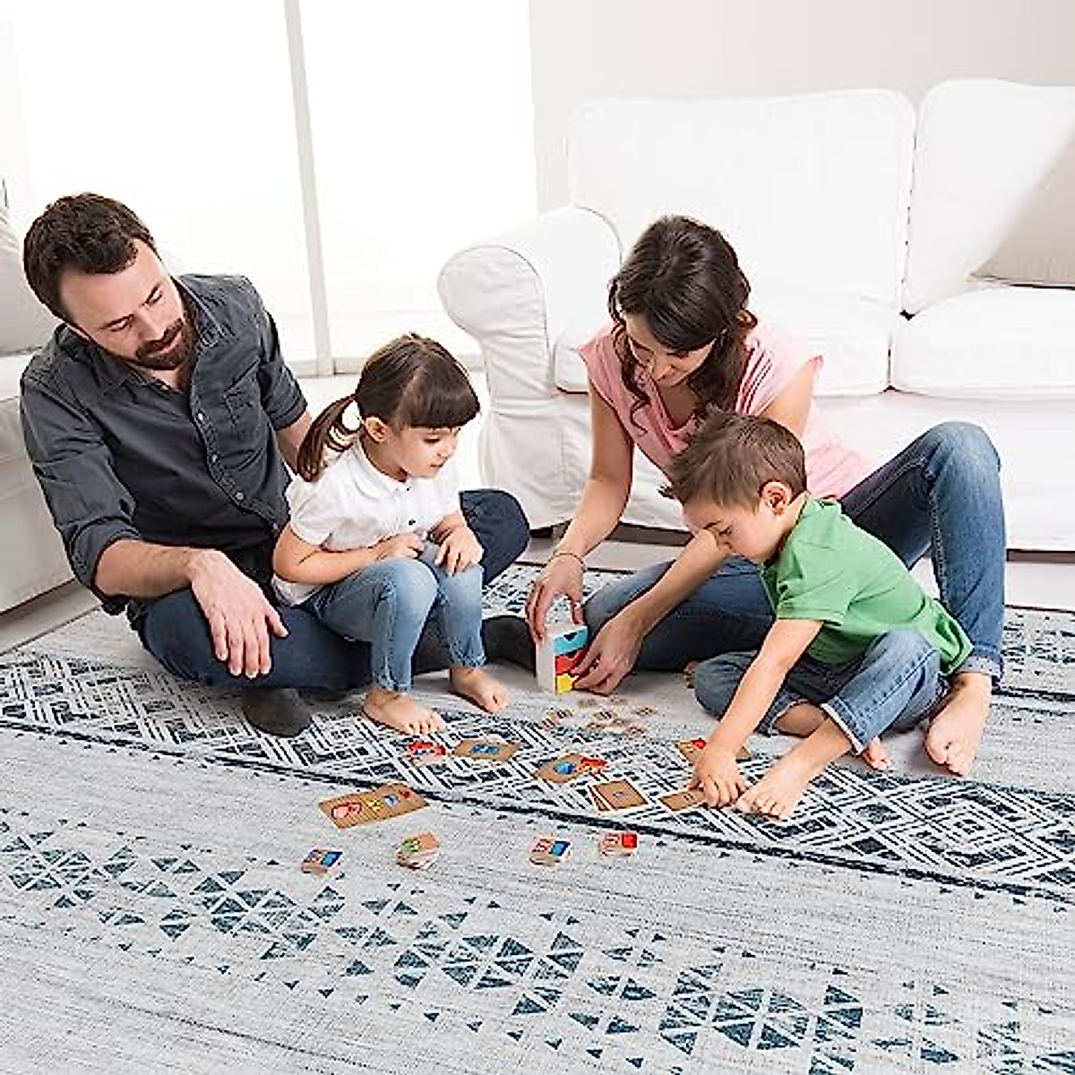 8x10 Area Rugs for Living Room Bedroom: Large Machine Washable Rug with Non-Slip Backing Non Shedding Stain Resistant, Soft Geometric Moroccan Carpet for Dining Room Nursery Home Office - Blue/Ivory