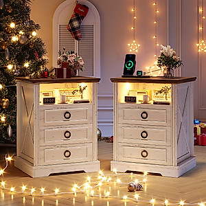 TAGELIER Nightstand Set 2 with Charging Station, Farmhouse End Side Table with 3 Drawers and Open Storage, Smart Bedside Table with LED Light & Human Sensor for Bedroom, Living Room,White,Chest