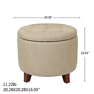 DECO DE VILLE Round Footstool Storage Ottoman, Cushion Button Tufted Linen Fabric Ottoman with Removable Lid, 20", Beige