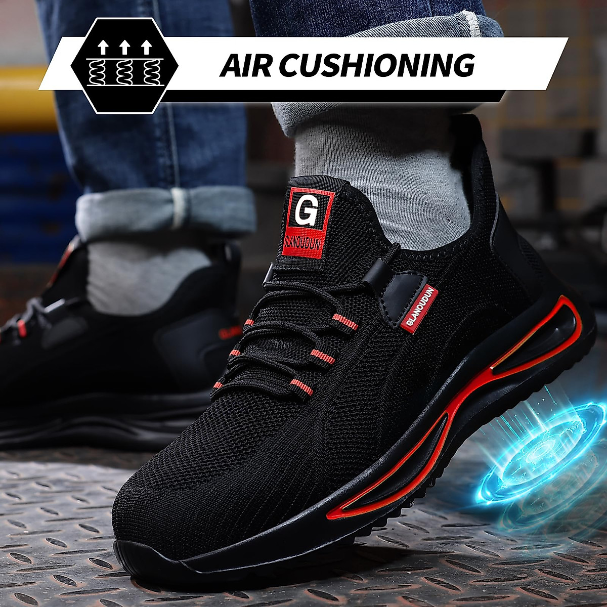 GLANOUDUN Steel Toe Shoes for Men Black Work Shoes for Men Lightweight Steel Toe Sneakers for Men Comfort Mens Safety Shoes Indestructible Working Shoes Red