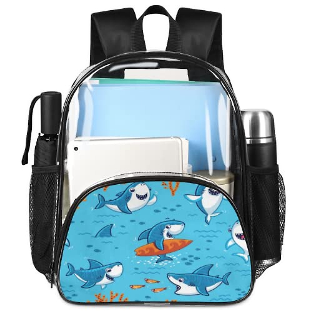Cute Surfing Shark Clear Mini Backpacks, Transparent Backpack Heavy Duty PVC See Through Bookbags Casual Daypack with Reinforced Straps for Work, School, Security, Travel, Beach
