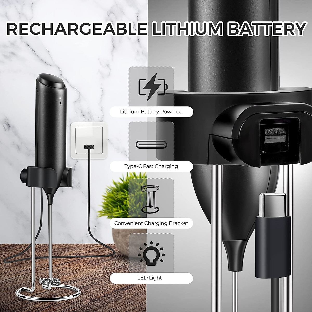 Flendy Rechargeable Milk Frother Handheld, Coffee Frother Handheld Rechargeable with USB C Integrated Charging Stand, Electric Drink Mixer Handheld, Mini Electric Whisk Frother for Coffee, Matcha, etc