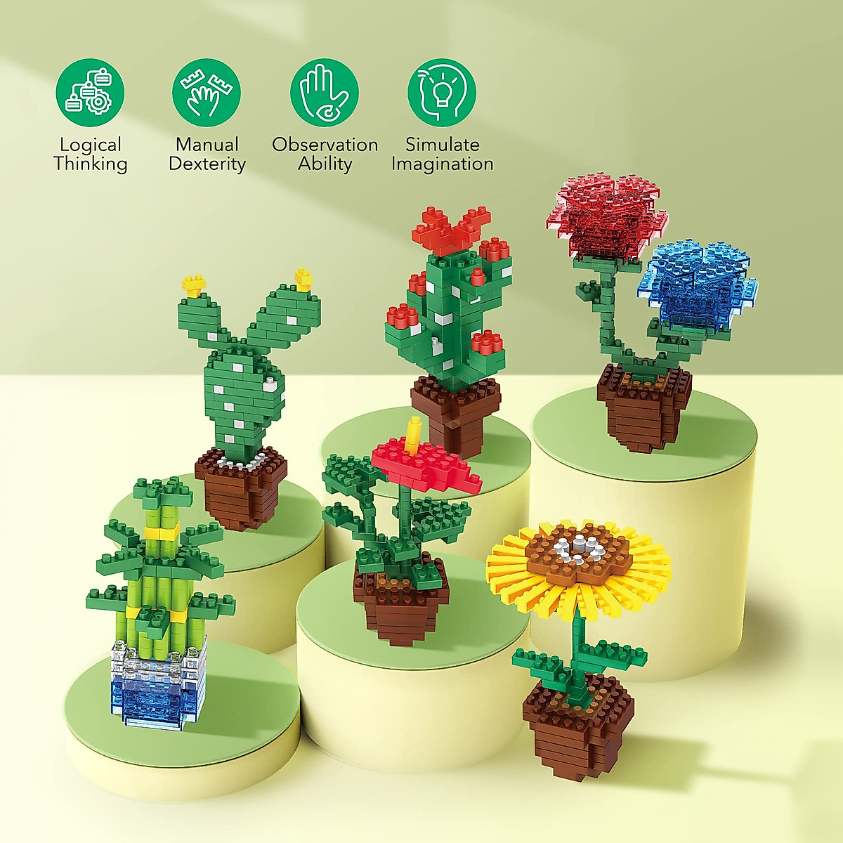 Kimiangel 6PCS Party Favors for Kids 8-12, Mini Building Blocks for Kid DIY Toy Sets Prizes Birthday Gifts Goodie Bag Fillers, Plants and Flowers, Bonsai Tree (Plant Mini Block)