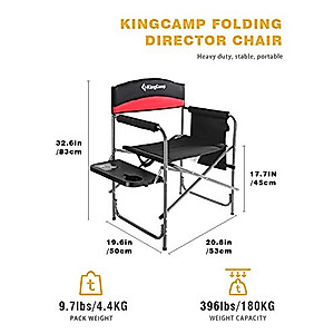 KingCamp Camping Chairs 2 Pack, Heavy Duty Folding Directors Chair Sports Chair Oversized Padded Seats with Side Table Storage Pockets Armrest for Adults, Supports 396 lbs, Red