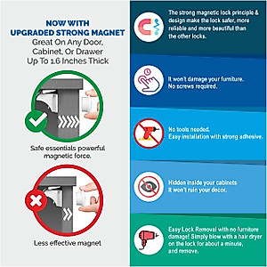 Safe Essentials-8 Pack-Magnetic Cabinet Locks Baby Safety, Invisible, No-Tools Required Assembly, Comes with Extra 3M Adhesive Strips
