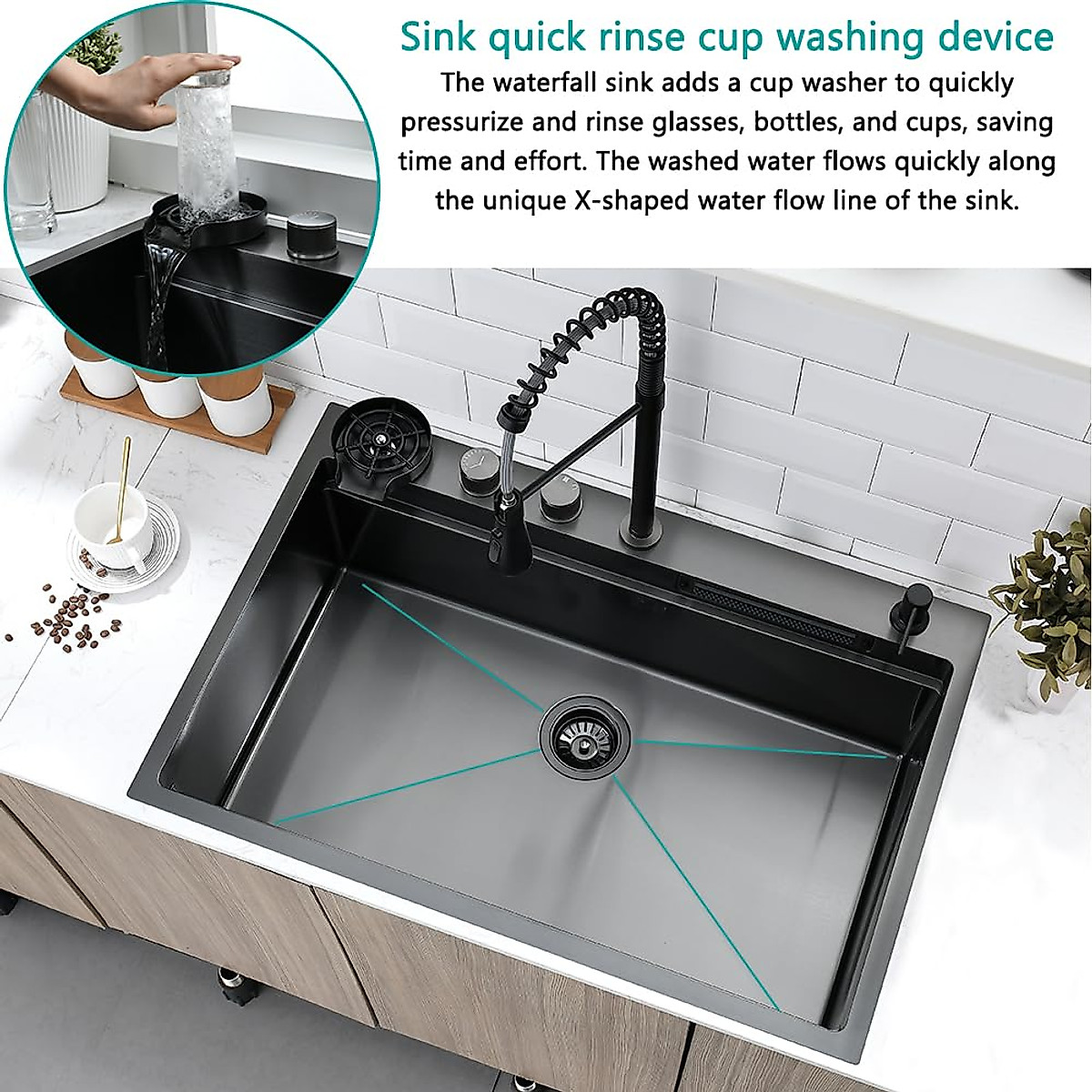 WMXQX 33 Inch Black Waterfall Kitchen Sink with Faucet Combo, 33x22 Waterfall Drop In Kitchen Sink Workstation 16 Gauge Stainless Steel Smart Double Waterfall Sink Single Bowl Kitchen Sink with Faucet