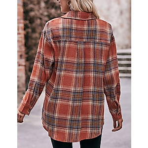 Korebow Women's Lightweight Flannel Plaid Button Down Shirts Oversized Long Sleeve Shacket Jacket Tops(0200-Orange-XL)