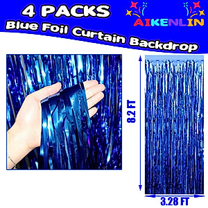 4 Pack 3.2Ft x 8.2Ft Blue Foil Fringe Curtain Backdrop, Metallic Tinsel Foil Fringe Streamers Curtains Background for Photo Booth, Birthday, Wedding, Halloween, Christmas Party Decoration