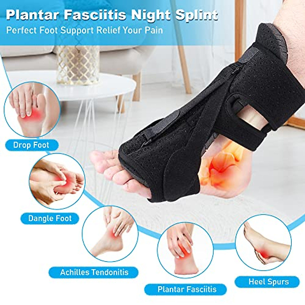 KASCLINO Plantar Fasciitis Night Splint, 3 Adjustable Straps Foot Brace for Ankle Heel Arch Pain Relief Associated for Women Men, Stronger Fixed, Foot-Drop Flat-Foot, Day&Night