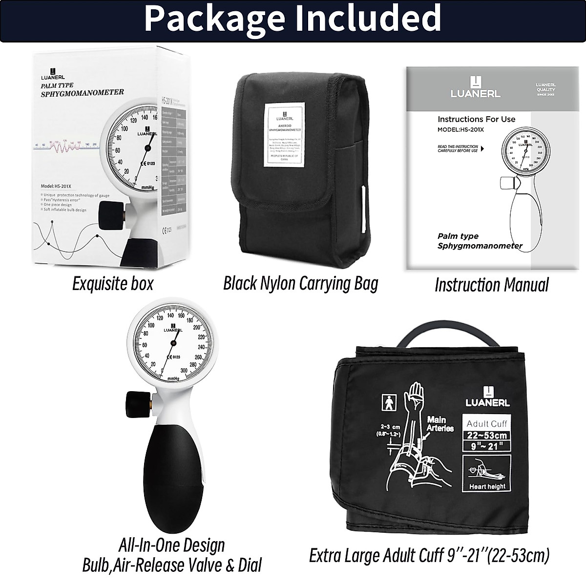 LUANERL Manual Blood Pressure Cuff Adult 9”-21” Inches (22-53CM) (Large/XL)- Aneroid Sphygmomanometer -Extra Large with Integrated Bulb, Dial and Air Valve, Comfort Cuff | for Clinical or Home Use