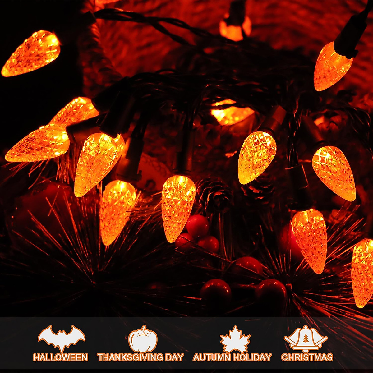 HUGSVIK 100 LED C6 Solar Orange Halloween Lights, 8 Modes Orange Christmas Lights for Outdoor, Waterproof Solar Orange Lights for Halloween, Christmas Tree Thanksgiving, Fall Garden Yard and Patio