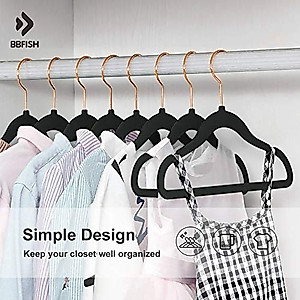 BBFISH Kids Hangers with Rose Gold Hooks, 50Pack Children Velvet Hangers Non Slip Clothes Racks with 7 Pcs Baby Clothing Dividers (Black)