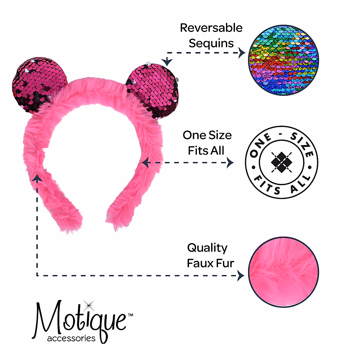 Motique Accessories Fur Mouse Ears Headband with Reversable Sequins for Women and Girls- Hot Pink