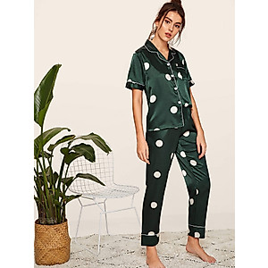 Floerns Women's Printed Two Piece Short Sleeve Sleepwear Long Pants Pajamas Sets Green Dot M