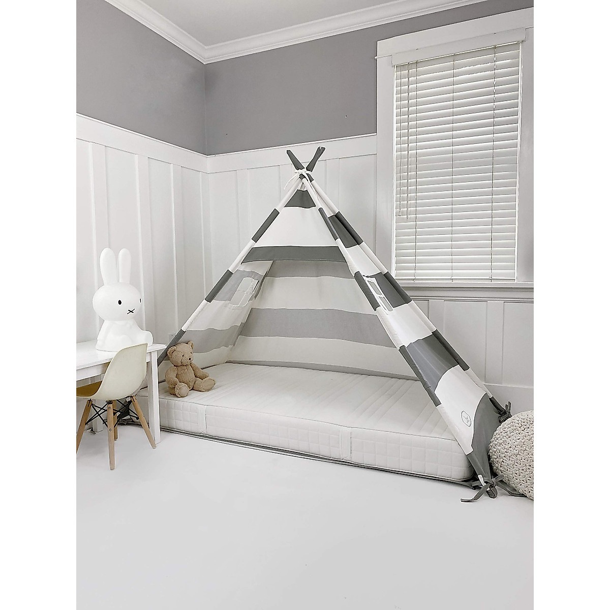 Domestic Objects | Play Tent Bed Canopy | Teepee for Mattress | 100% Cotton Canvas | Premium Quality (Twin/Single No Door) (Gray Stripes)