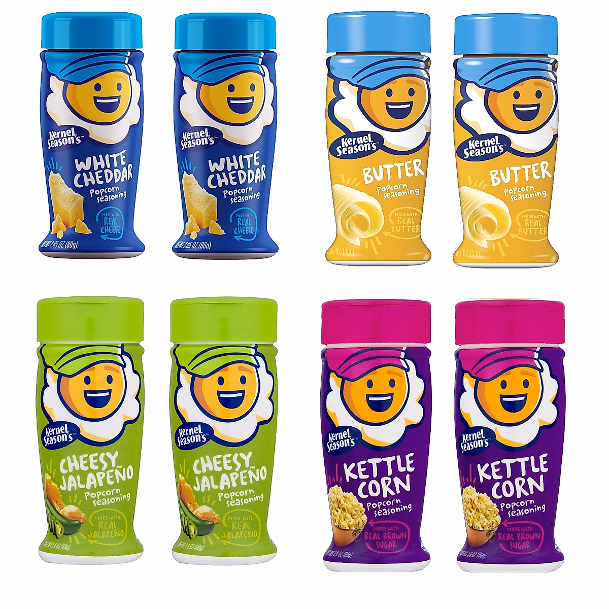 Kernel Seasons 8 pack Popcorn Seasoning Kit (2 White Cheddar, 2 Butter, 2 Cheesy Jalapeño, 2 Kettle Corn)