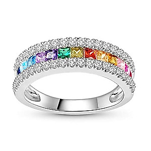 GNOCE Multi-Color Rainbow Band Ring 925 Sterling Silver Princess Cut Women Rings Eternity Wedding Bands Promise Rings for Her (Silver, 7)