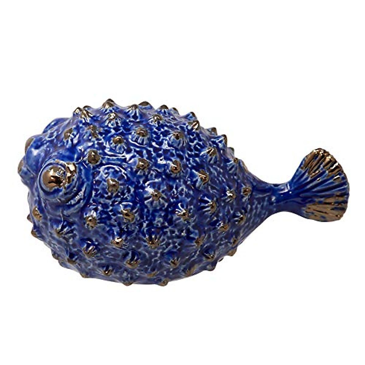 8" Puffer Fish Sculpture - Ceramic Blue Fish Figurine - Ocean Beach Theme - Contemporary Coastal Decorative Accent Statue for Home or Office Decor