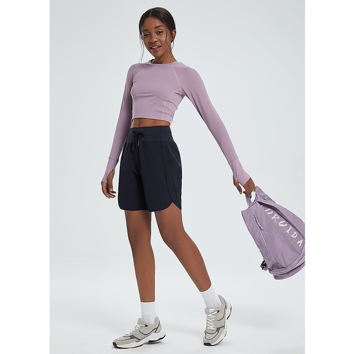 BALEAF Women's 7" Long Running Shorts Athletic Workout Gym Quick Dry Hiking Shorts High Waisted Zipper Pocket Black L