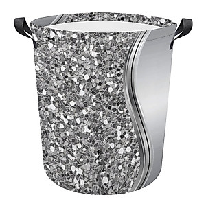 Silver Faux Glitter Glam Bling Laundry Basket Hamper Bag Dirty Clothes Storage Bin Waterproof Foldable Collapsible Toy Organizer for Office Bedroom Clothes Toys Gift Basket