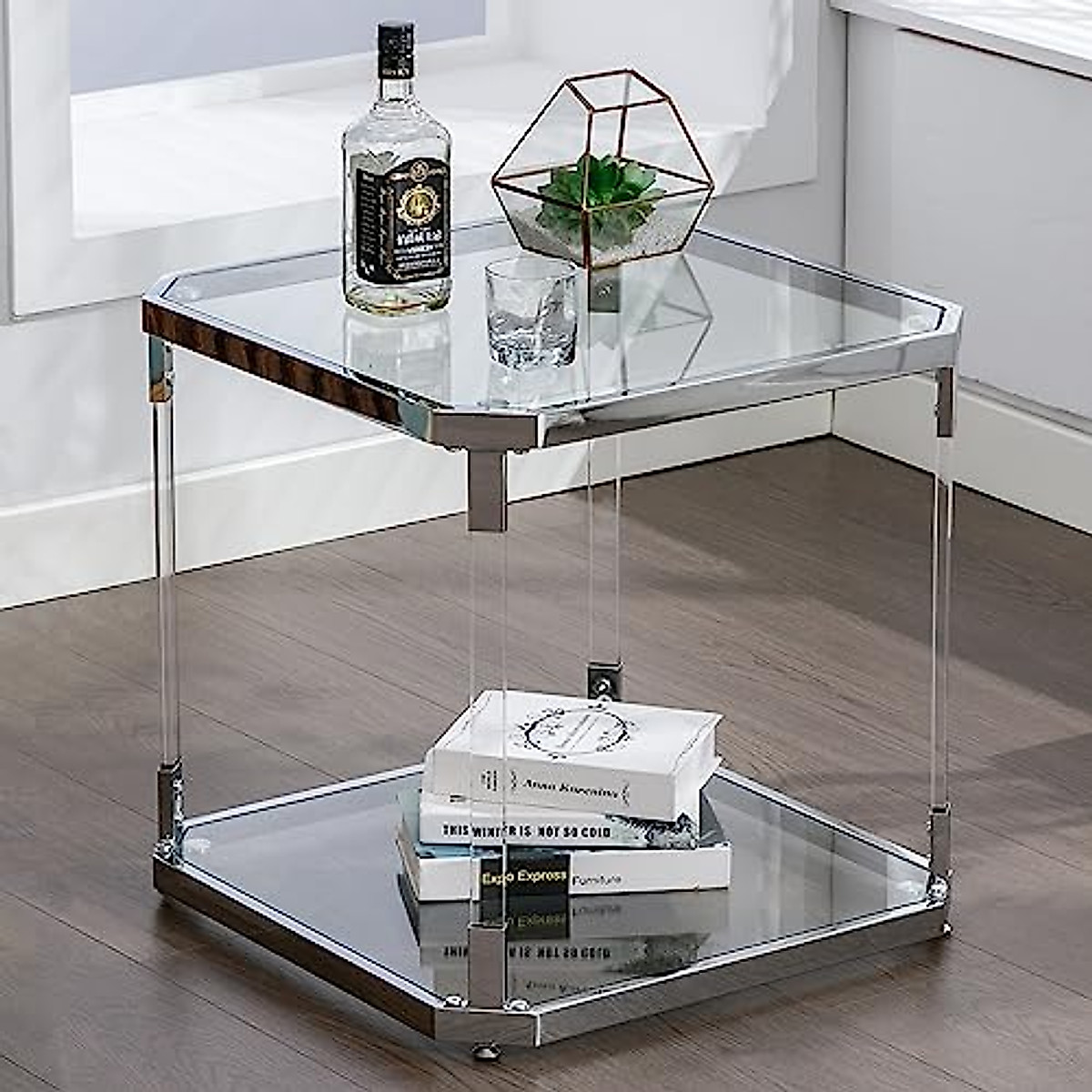MINPINSER Glass Side Table-Silver Chrome End Table Clear Acrylic Nightstand for Living Room Bedside Bedroom