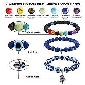 Ubjuliwa 10pcs Evil Eye Bracelet for Women Men Hamsa Blue Evil Eye Beaded Charm Stretch Bracelet Hand of Fatima Turkish Protection Bracelet Chakra Evil Eye Jewelry Gift