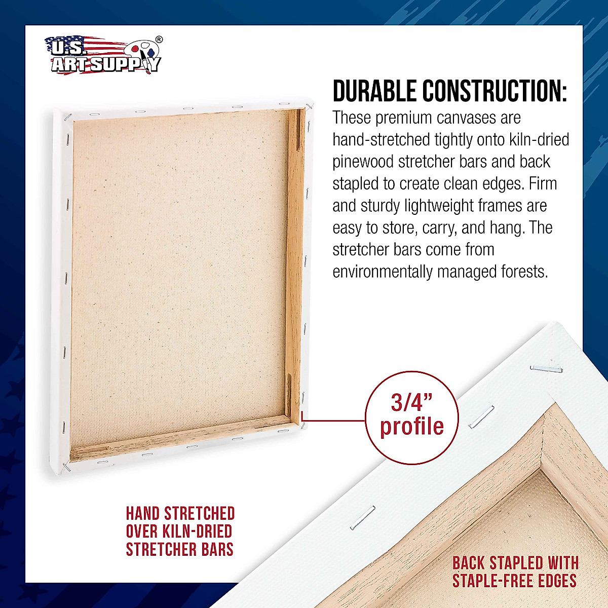 U.S. Art Supply 36 x 48 inch Stretched Canvas 12-Ounce Triple Primed, 3-Pack - Professional Artist Quality White Blank 3/4" Profile, 100% Cotton, Heavy-Weight Gesso - Acrylic Pouring, Oil Painting