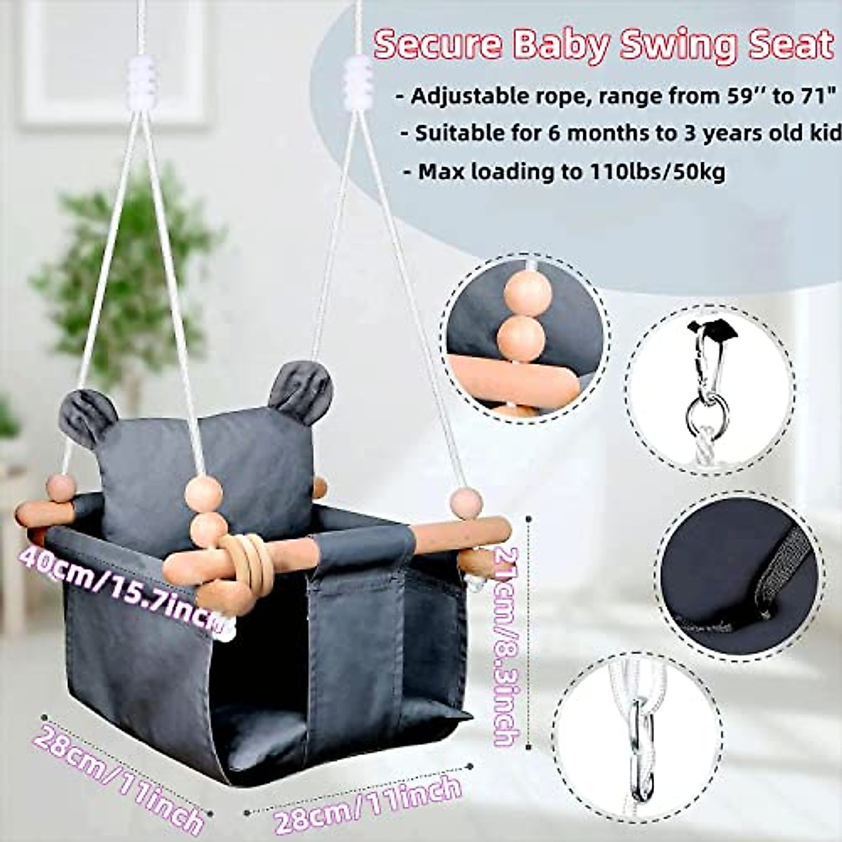 Secure Baby Swing Seat with Safety Belt - Baby Canvas and Wooden Swing Chair with Bear Ears Decor Cushion - Hanging Swing for Infants Swing Indoor Outdoor - Tree Toddler Swing for Backyard, Porch