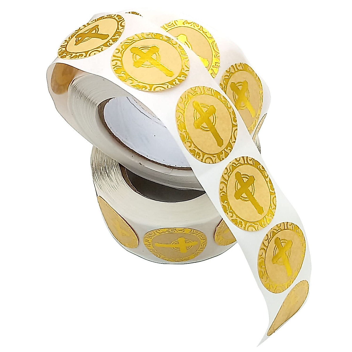 SUPIA 2 Pack 500-Piece Total 1000 Christian Cross Sticker Roll, Design Round Labels with Gold Foil Finish Christening, Communion, Occassions, Envelope Seals, 1 inch/2.5 cm in Diameter (Gold) (DF-136)