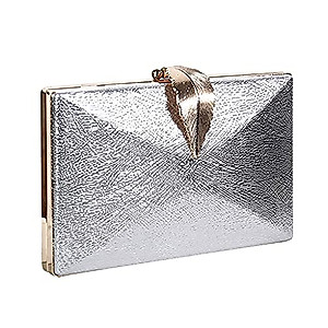 Harlotte Women Faux Leather Shiny Evening Bag Leaf Lock Clutch Banquet Crossbody Handbag - Silver
