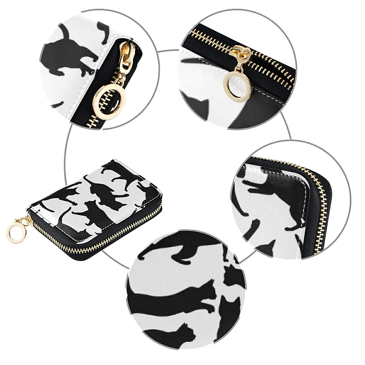 Set of Silhouettes of cats, Icons of cats in Different Poses on WhiteGrey Credit Card Coin wallet, RFID Blocking Compact Women Leather Card Holder, Key Change Organizer, Zipper Purse Clutch Pouch