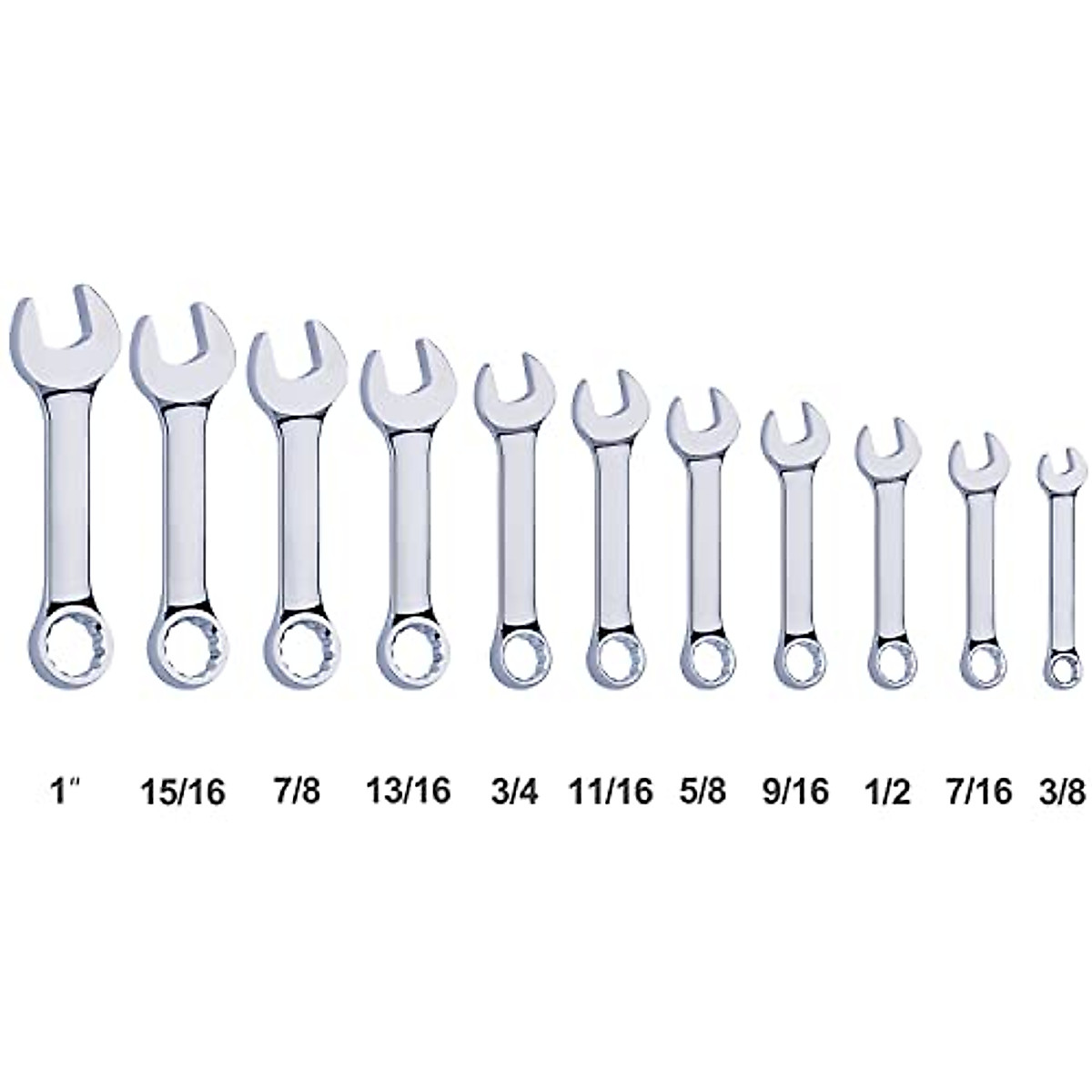 Premium Stubby Combination Wrench Set with Roll-up Pouch, 11-Piece, SAE, 3/8” to 1”, No Skipped Inch Size | Cr-V Steel, Mirror Polished Finish | Short Length and Slim Body, Perfect for Confined Areas