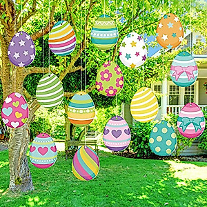 Ferraycle 16 Pcs Easter Decorations Outdoor Easter Eggs Hanging Ornaments for Tree Large Colorful Egg Shape Double Sided Plastic Slice Hanging Sign for Easter Yard Lawn Porch Party Decor(Vibrant Egg)