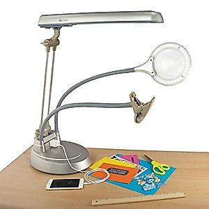 OttLite Ultimate 3-in-1 Craft Lamp, (Floor, Table and Clamp-On Lamp) 24w Energy Efficient Light Bulb for Bright Natural Daylight - Built-in Outlet, Adjustable Neck, 2X Magnifier & Versatile Height