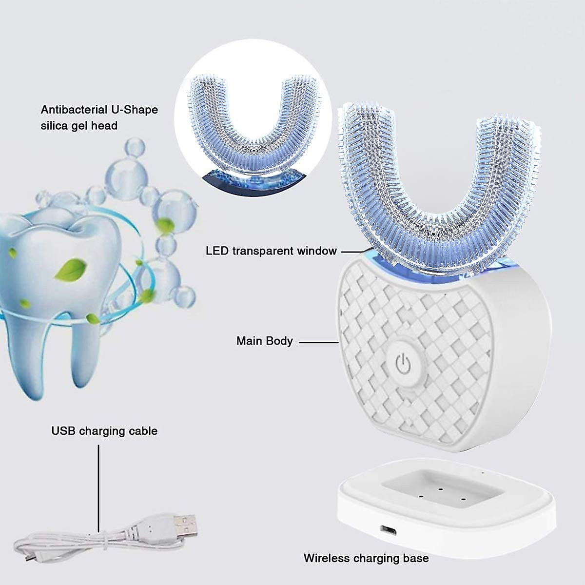 Electric Ultrasonic Toothbrush,360 Automatic Toothbrush,360 Sonic Electric Toothbrush,U Shape Automatic Toothbrush Home Travle use (White) (White)