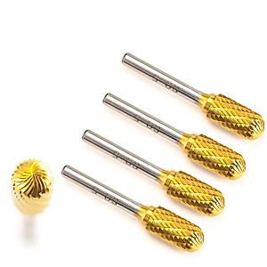 SC-5 5pcs Tungsten Carbide Burr TiN Rotary File Cylindrical Shape with Radius End Double Cut with 1/4''Shank for Die Grinder Drill Bit
